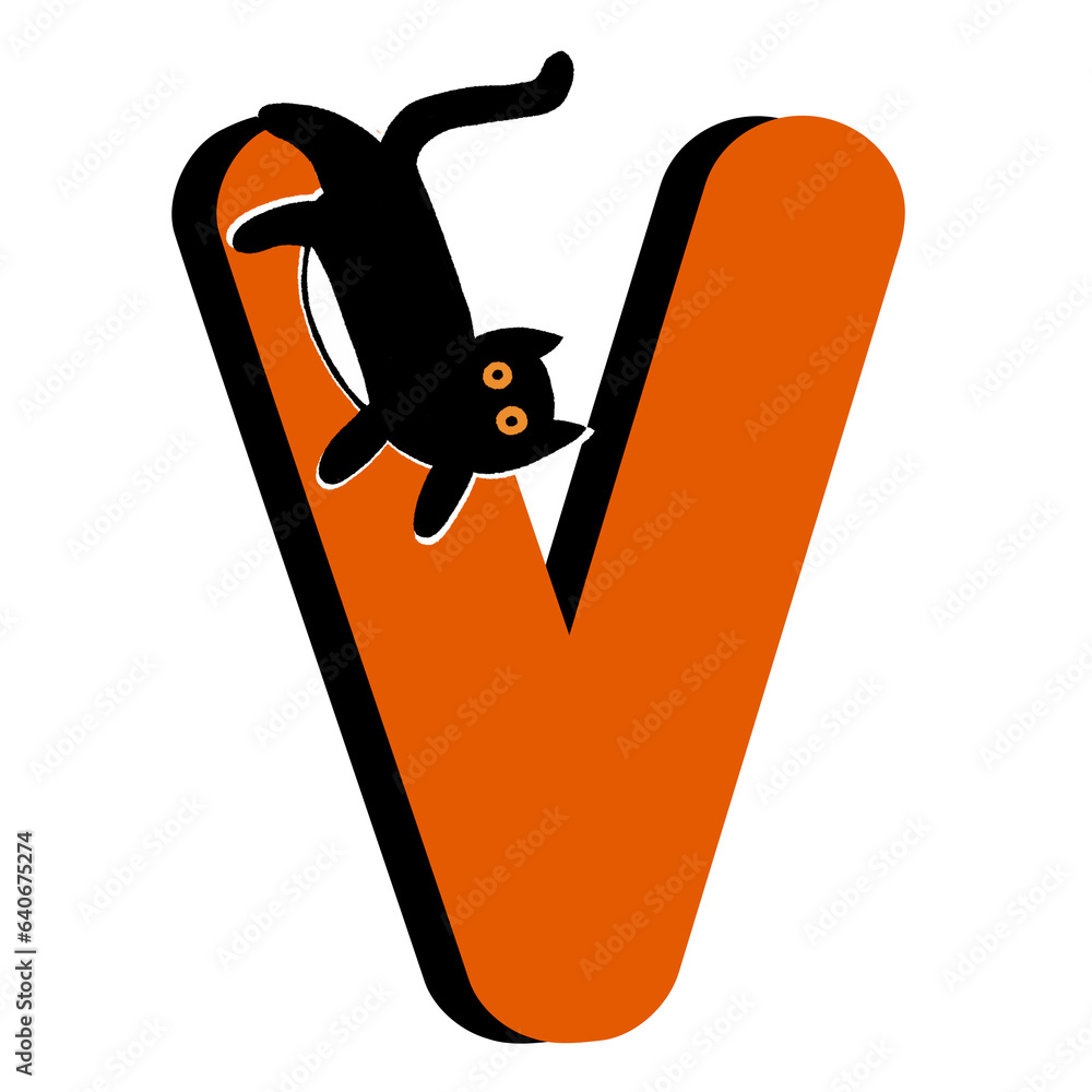 Capital Letter V,Orange Alphabet Clipart with Black Cat,Halloween theme ...