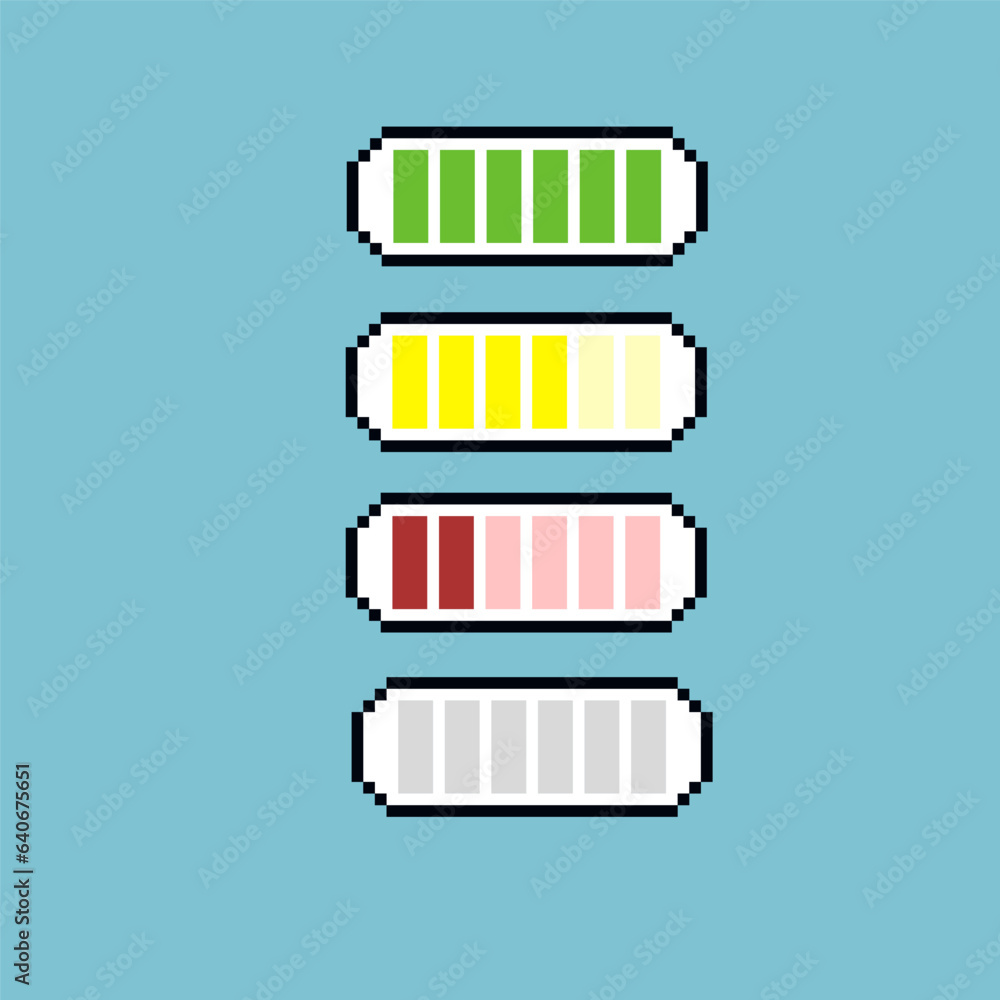 Pixel art sets of battery.Full green,medium yellow,red low, and empty ...