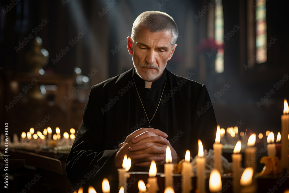 Christian priest praying over candles in church. Pastor worship with ...