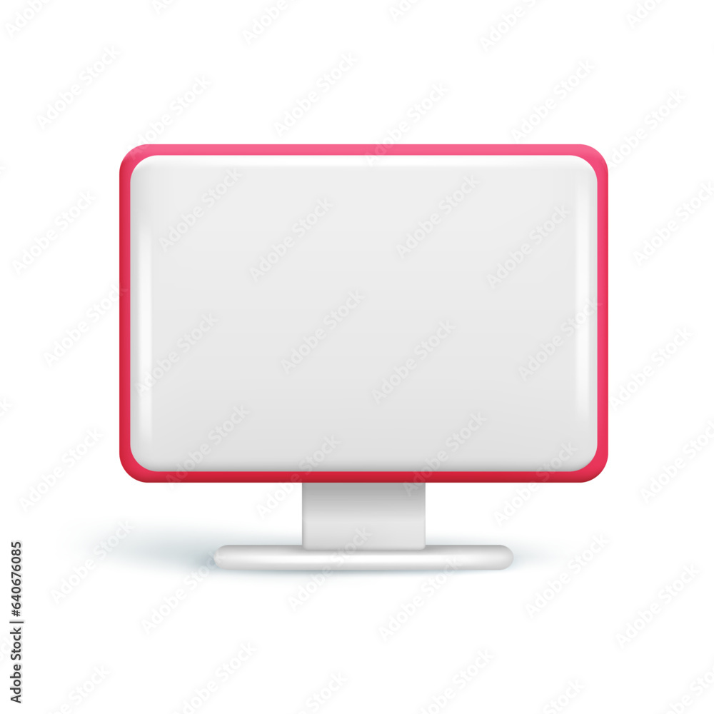 Realistic 3d pink and white computer monitor with empty screen. Glossy 3d cartoon laptop ...