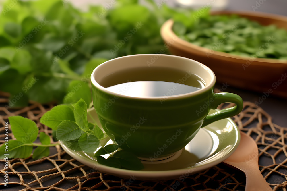 Cup with moringa tea and leaves of moringa plant on a table Stock Photo ...
