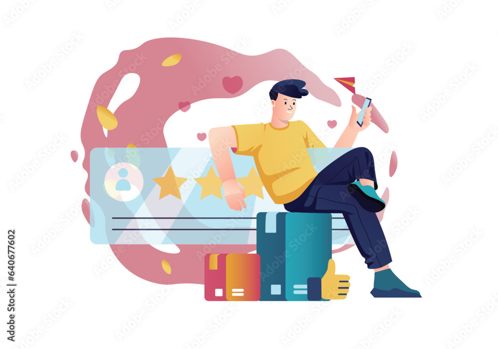 Feedback concept with people scene in the flat cartoon style. The guy ...