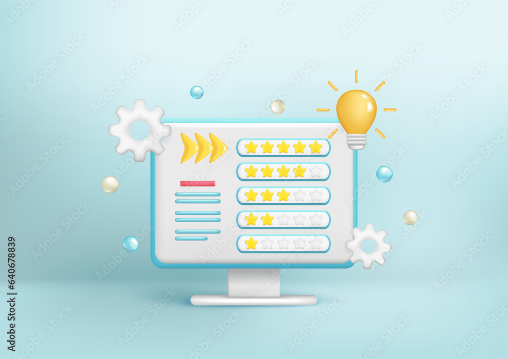 Realistic 3d computer, rating feedback with stars, light bulb, settings ...