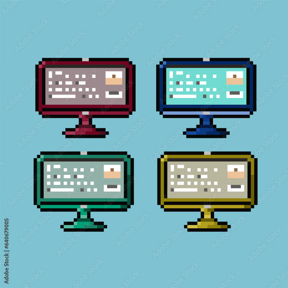 Pixel art sets of personal computer with profile in screen on pixelated ...