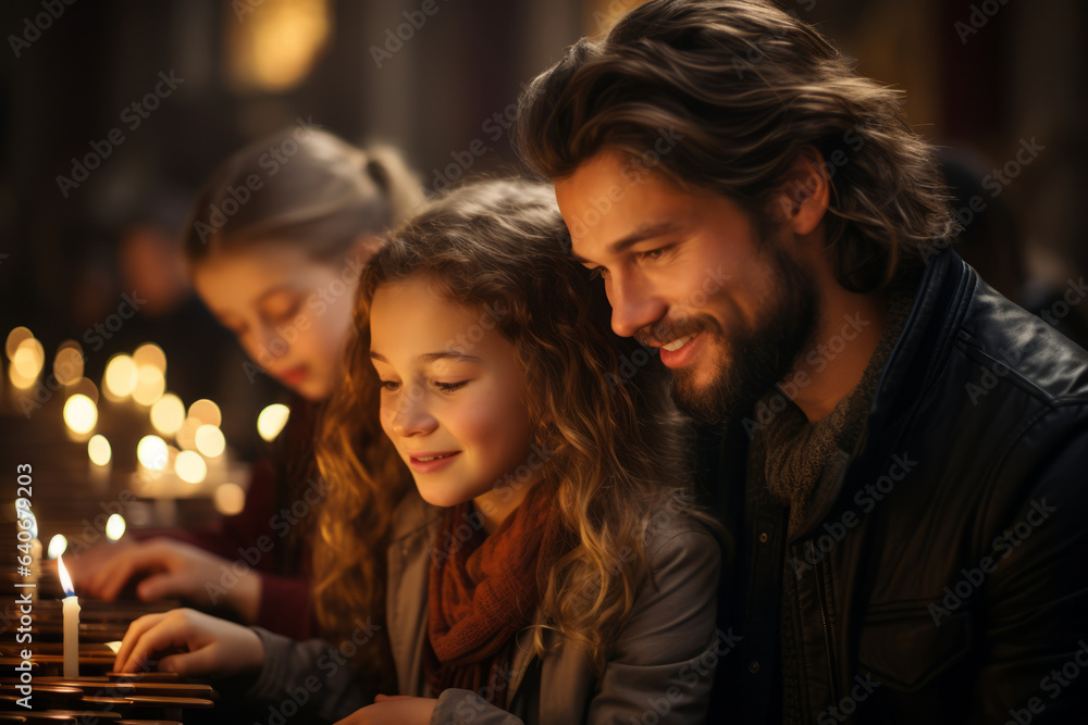 Beautiful Christian family with a child praying over candles in church ...