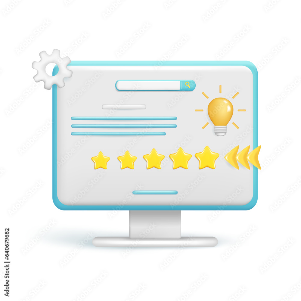 Realistic 3d glossy computer, rating feedback with stars, search bar ...