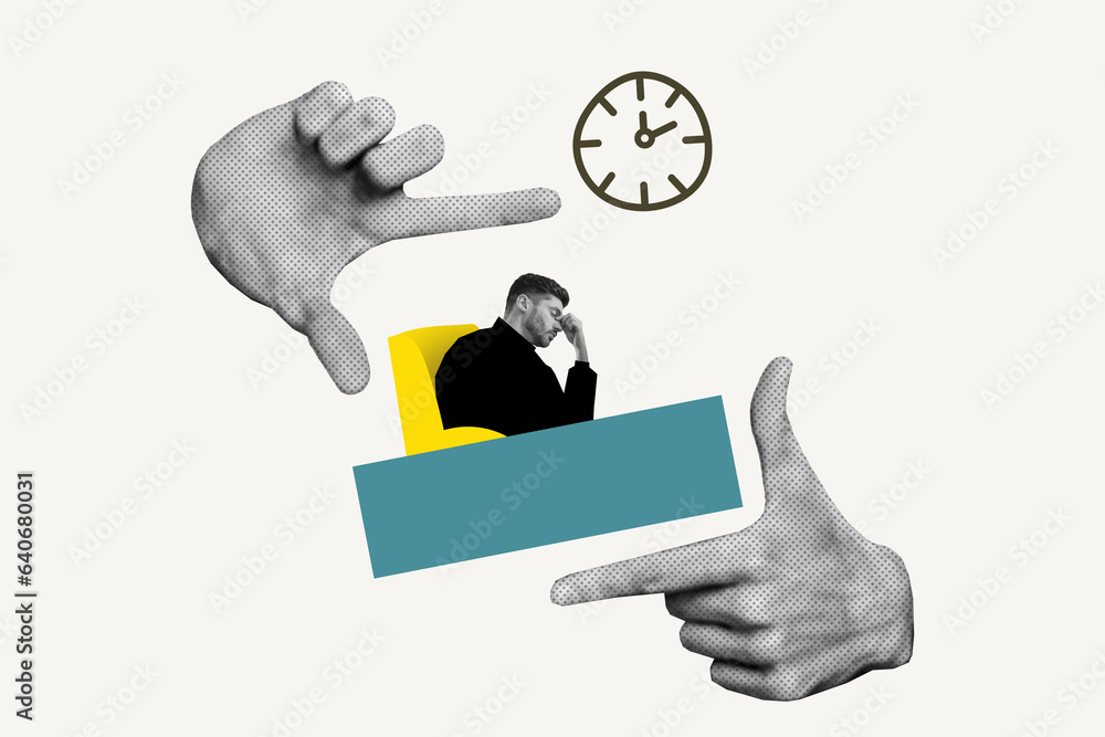 Collage picture artwork young businessman stress job time management workaholic all tasks ...