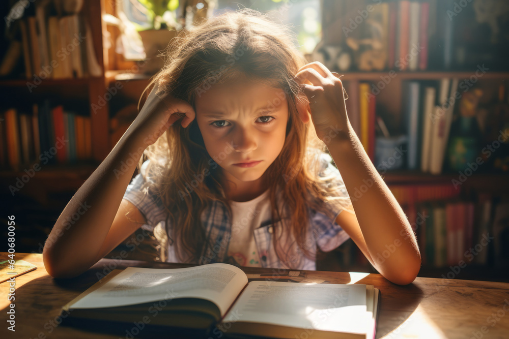 Sad tired schoolgirl doing homework. Little child struggling with her ...