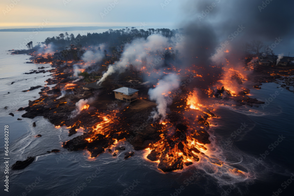 Destroyed buidings in city after volcano eruption. Abandoned village ...