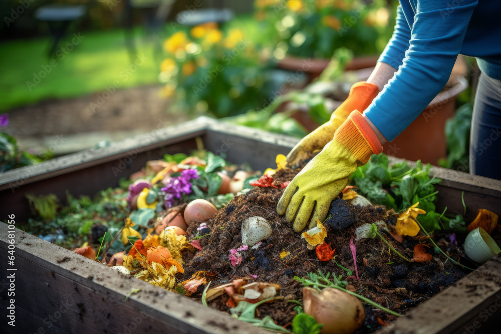 Person wearing gloves throwing food and yard scraps into a residential ...