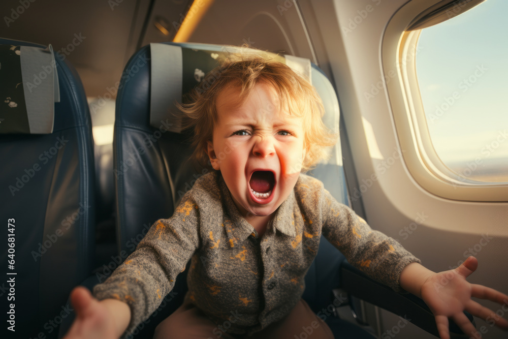 Toodler boy having a temper tantrum while sitting by airplane window ...