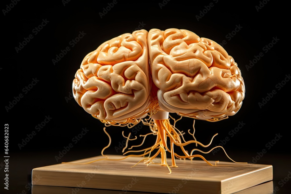 Model of a human brain with roots, representing the connections between ...