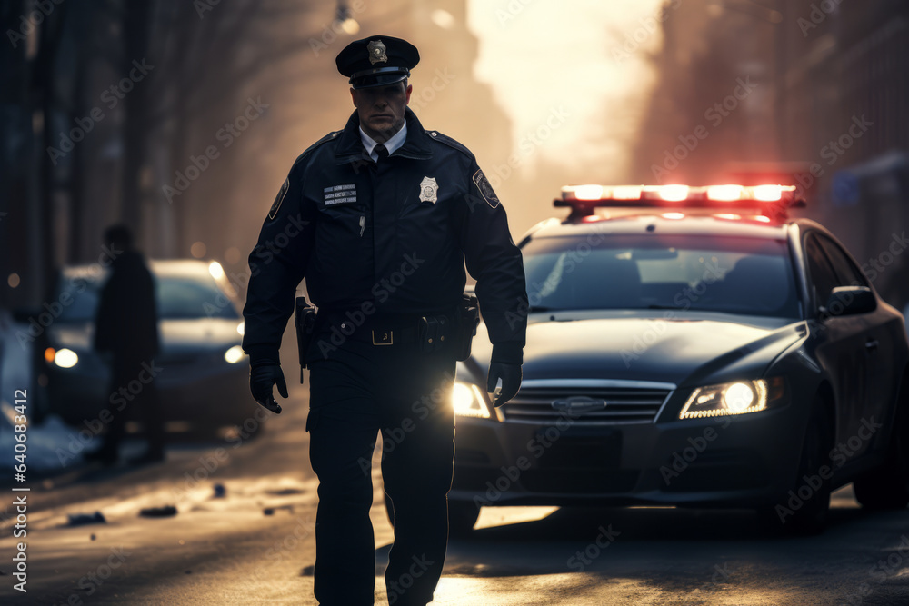 Policeman standing in front of police car. Cop wearing uniform near a ...