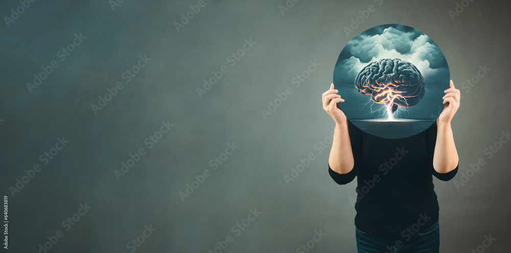Human brain with lightning, psychological pressure and stress, migraine ...