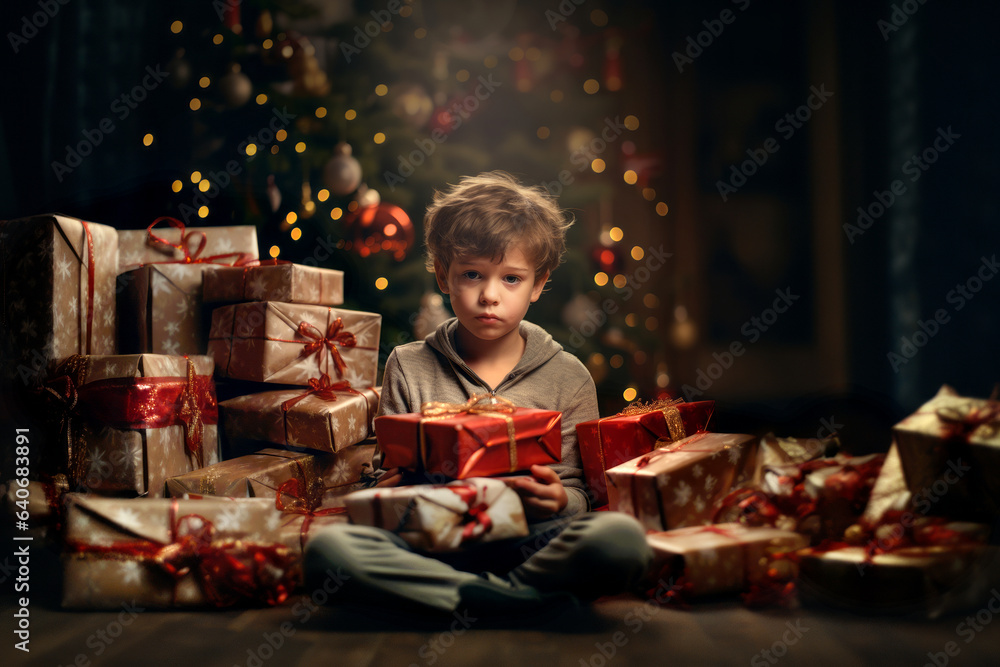 Cute little boy looking unhappy with his Christmas presents. Sad child ...