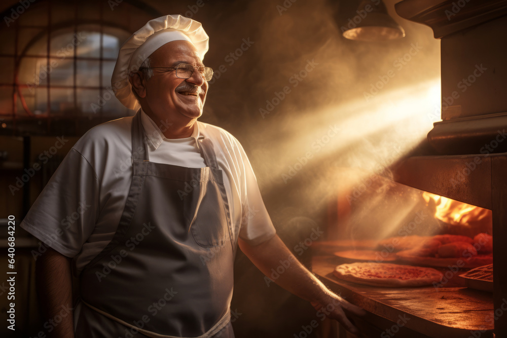 Elderly owner baking fresh pizza in his pizzeria. Elderly pizzaiolo ...