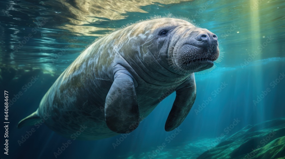 Manatee peacefully swimming in shallow waters Stock Photo | Adobe Stock