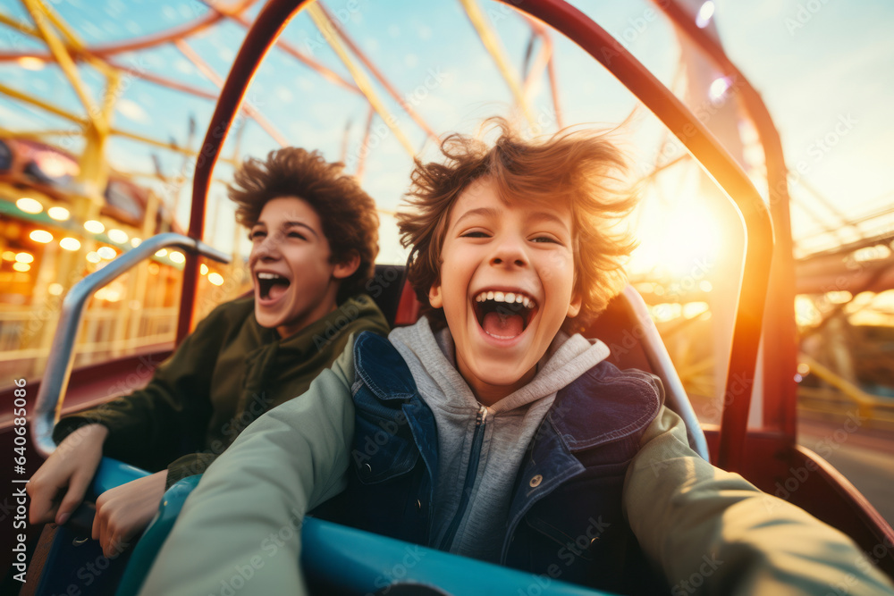Excited teenage children laughing and riding a carousel carnival ride ...