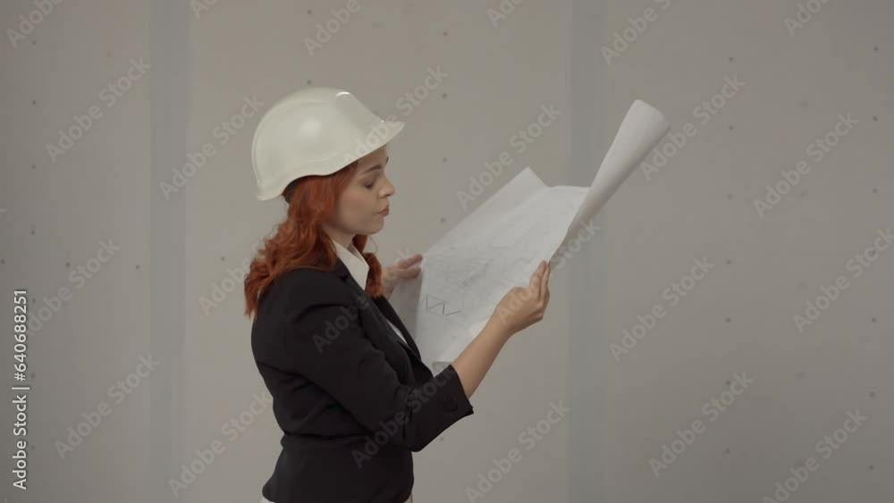 Side view of an architect woman holding a plan, drawing of a building ...