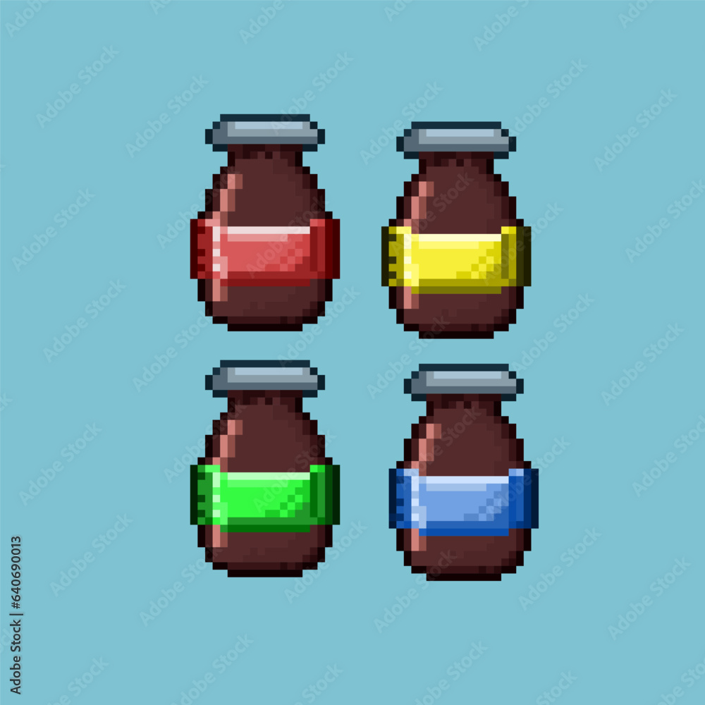 Pixel art sets of vitamin for medicine health items. red,yellow,green ...