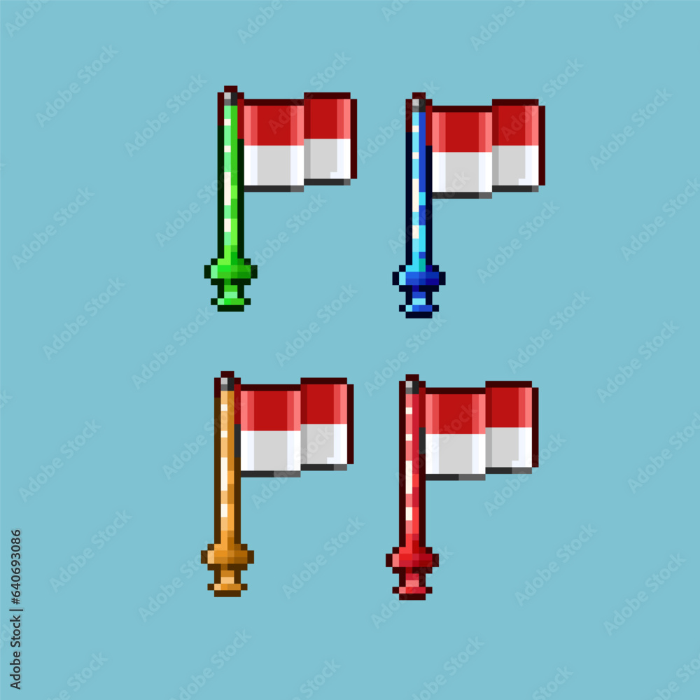 Pixel art sets of indonesian flag with variation on the pole, on ...