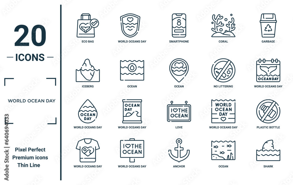 Vetor do Stock: world ocean day linear icon set. includes thin line eco ...