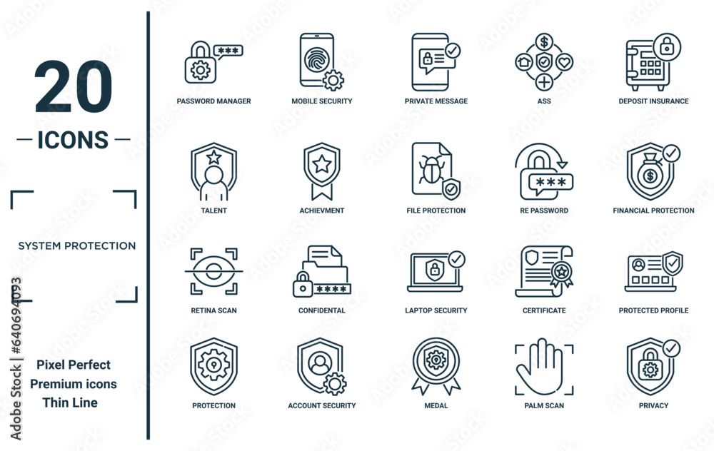 system protection linear icon set. includes thin line password manager, talent, retina scan ...