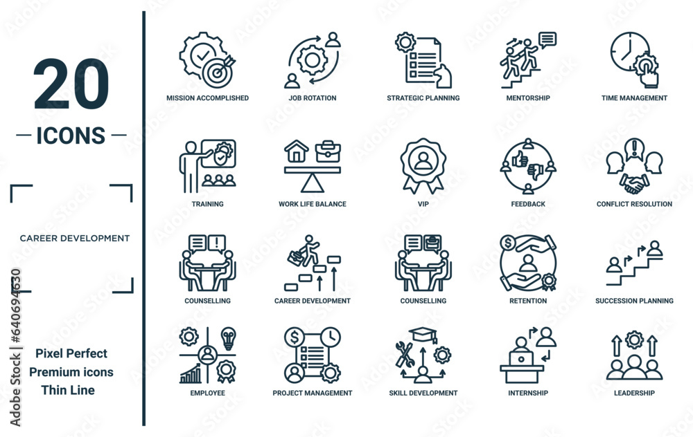 career development linear icon set. includes thin line mission accomplished, training ...