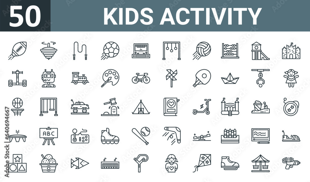 Vetor de set of 50 outline web kids activity icons such as rugby ...