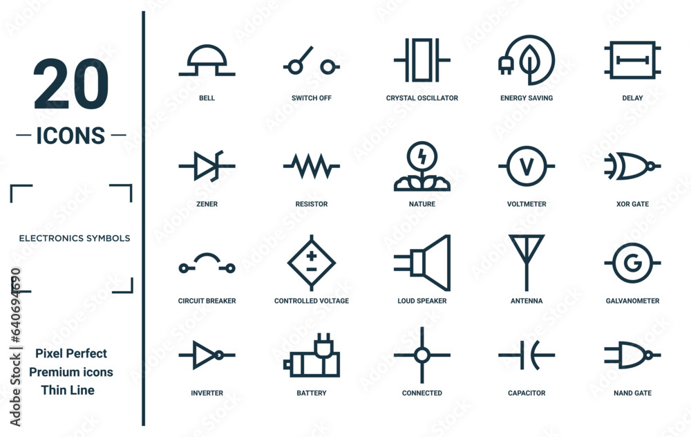 electronics symbols linear icon set. includes thin line bell, zener ...