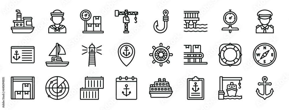 set of 24 outline web harbour icons such as tug boat, sailor, weight ...