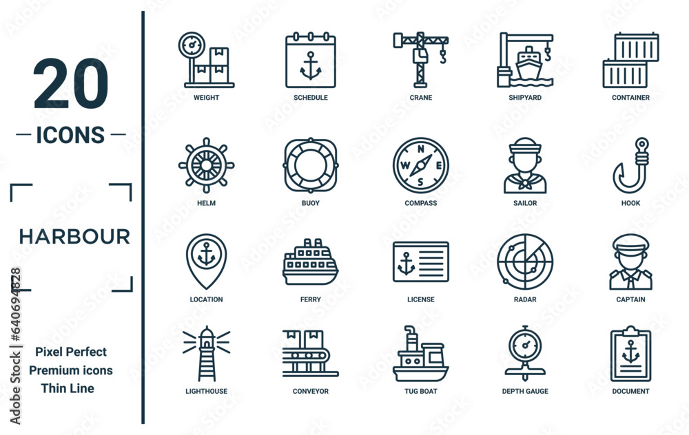 harbour linear icon set. includes thin line weight, helm, location ...