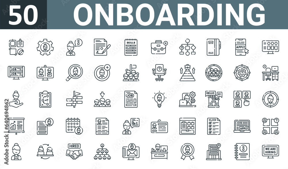 set of 50 outline web onboarding icons such as mood board, team work ...