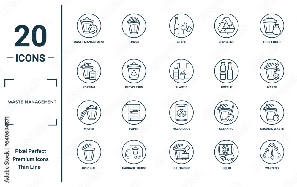 waste management linear icon set. includes thin line waste management ...