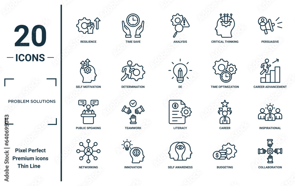 problem solutions linear icon set. includes thin line resilience, self motivation, public ...