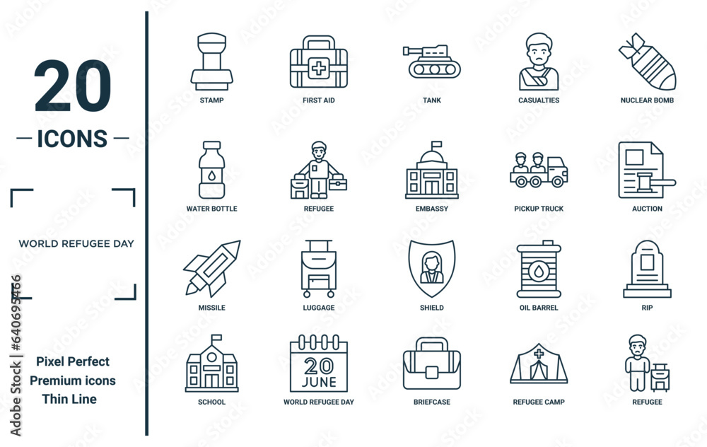 world refugee day linear icon set. includes thin line stamp, water ...