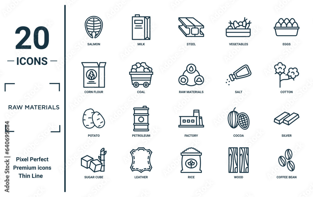 raw materials linear icon set. includes thin line salmon, corn flour ...