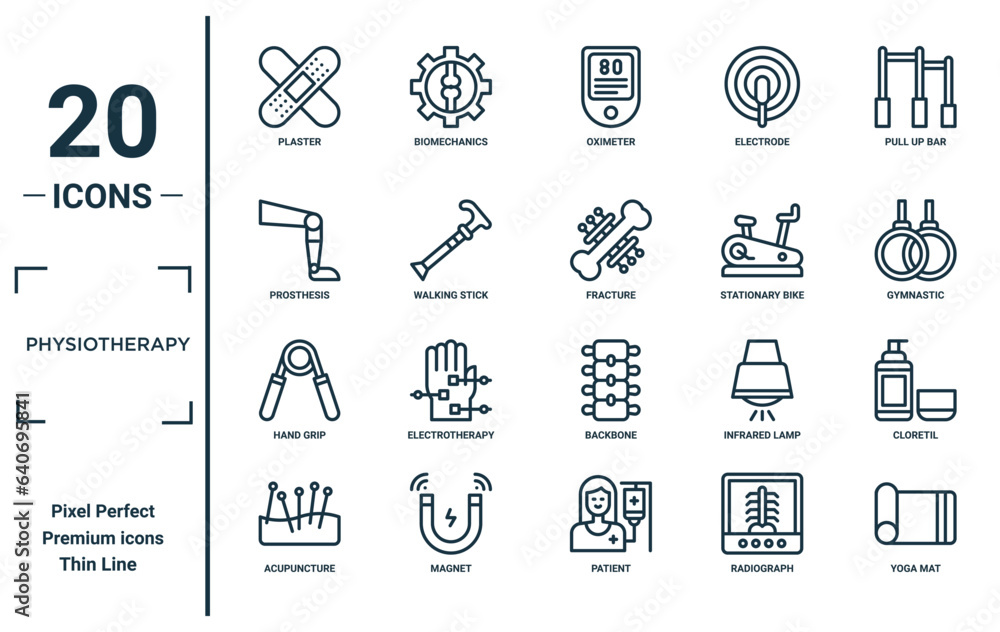 physiotherapy linear icon set. includes thin line plaster, prosthesis ...