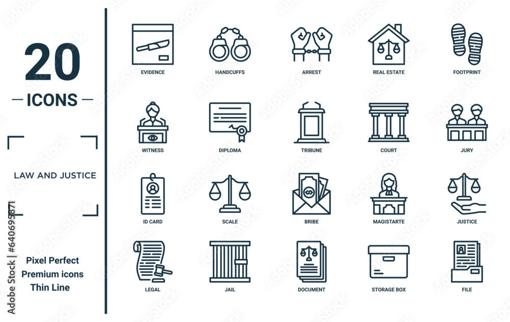 law and justice linear icon set. includes thin line evidence, witness ...