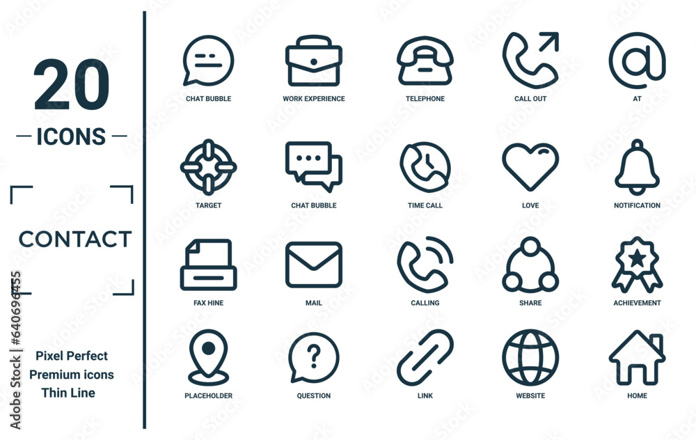 contact linear icon set. includes thin line chat bubble, target, fax ...