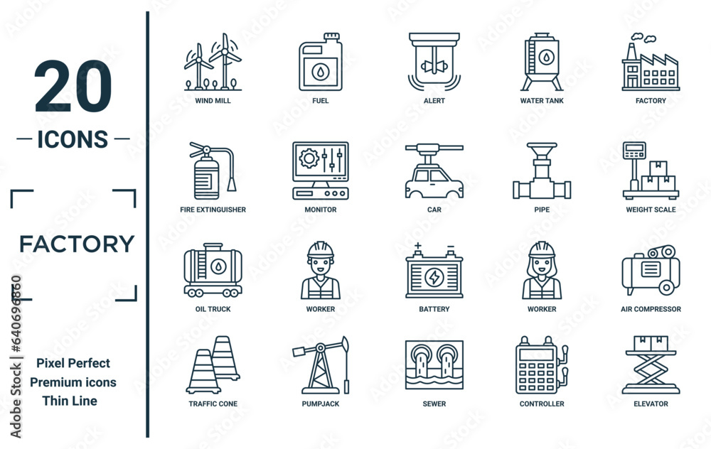 factory linear icon set. includes thin line wind mill, fire ...