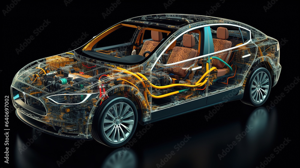 Illustration of a cross section of an electric car, with cables, motors ...