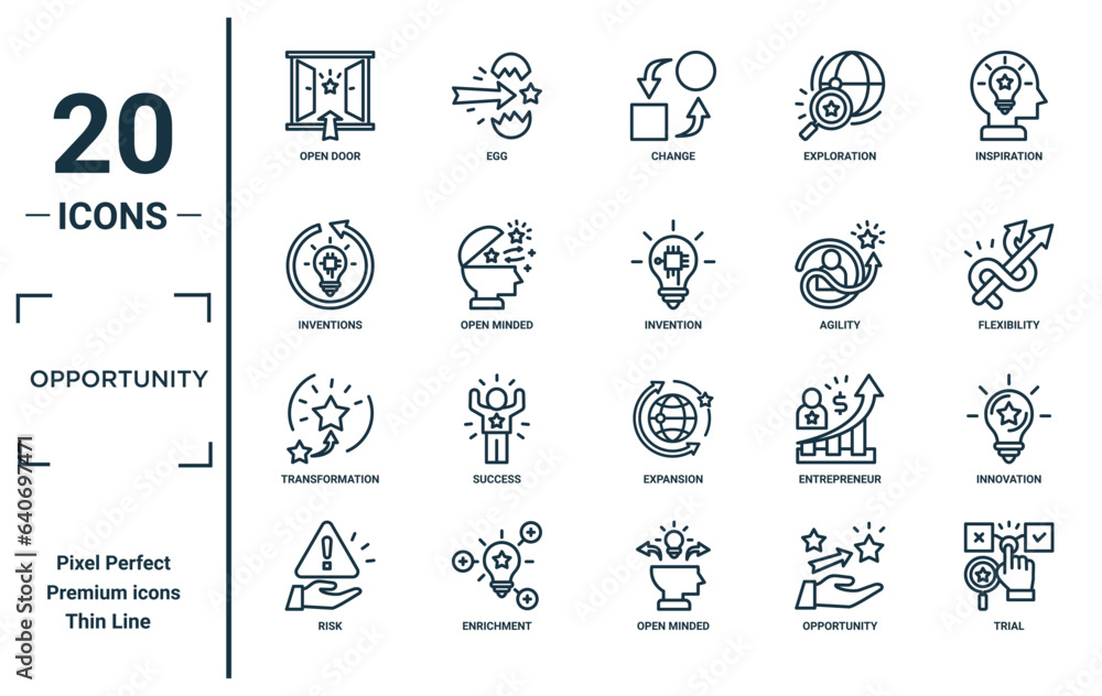 opportunity linear icon set. includes thin line open door, inventions ...