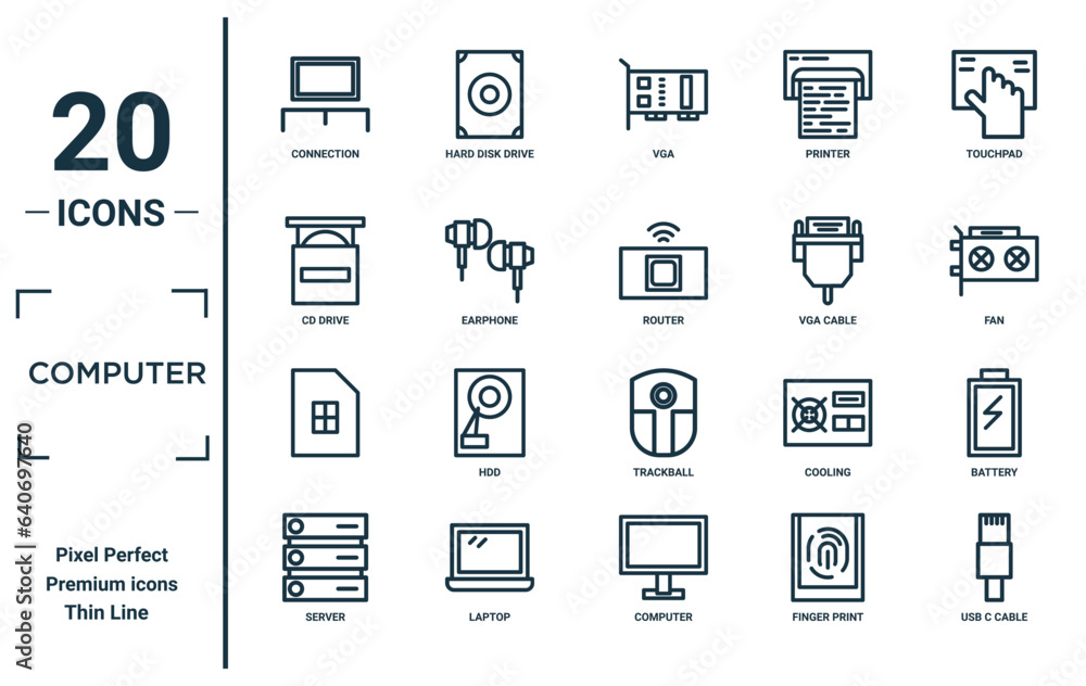 computer linear icon set. includes thin line connection, cd drive, , server, usb c cable, router ...