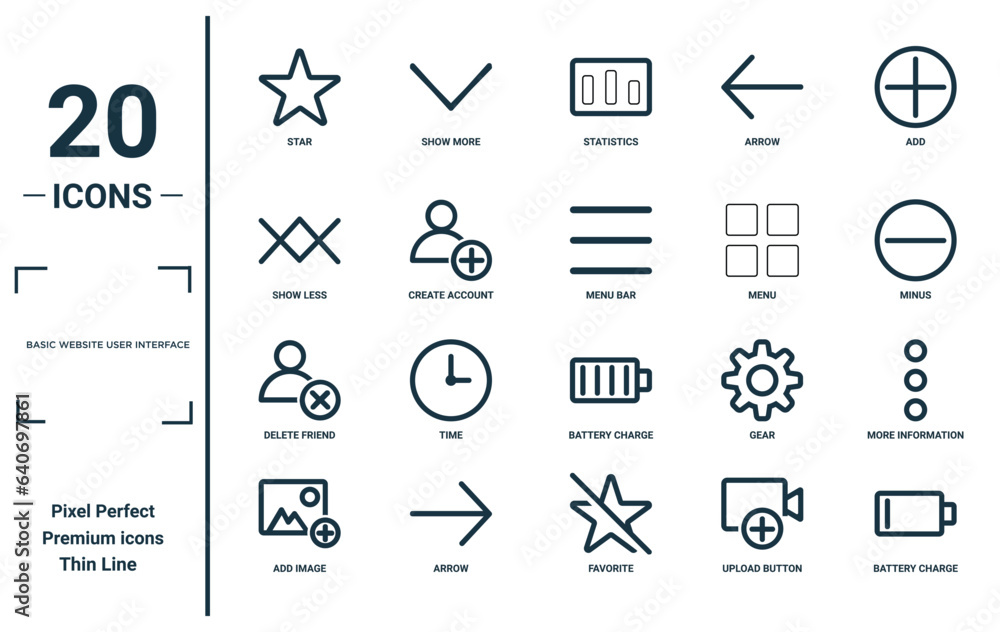 Vetor de basic website user interface linear icon set. includes thin line star, show less ...