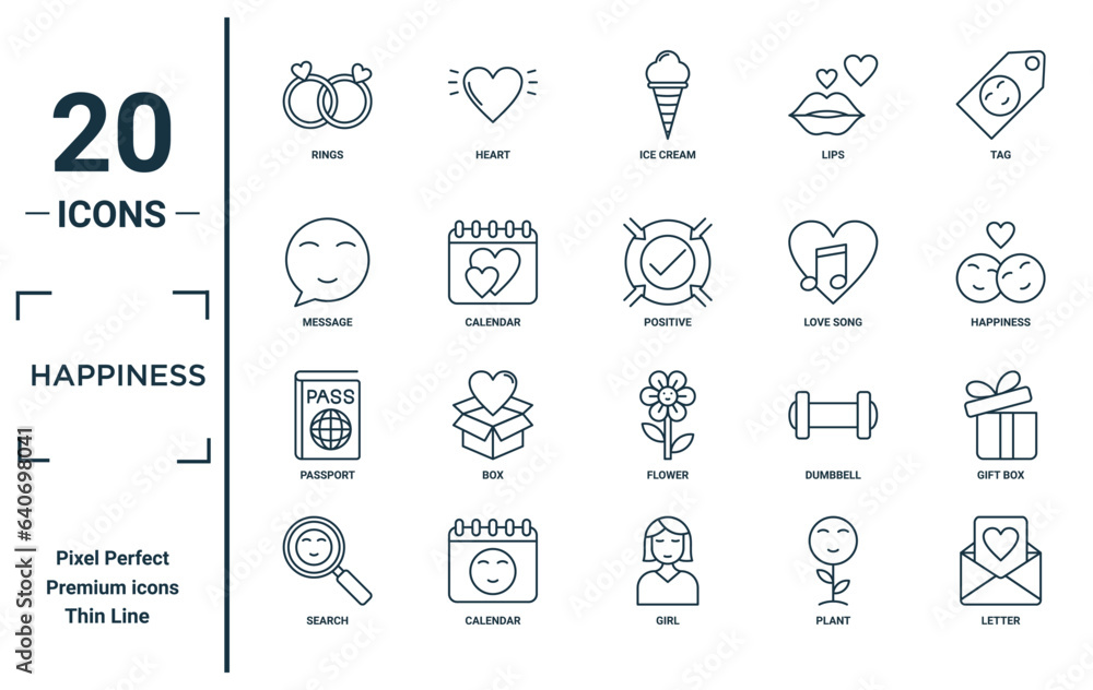 happiness linear icon set. includes thin line rings, message, passport ...