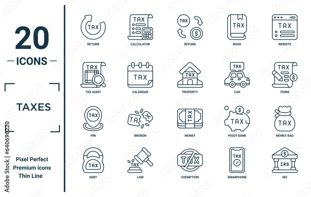 taxes linear icon set. includes thin line return, tax audit, pin, debt ...
