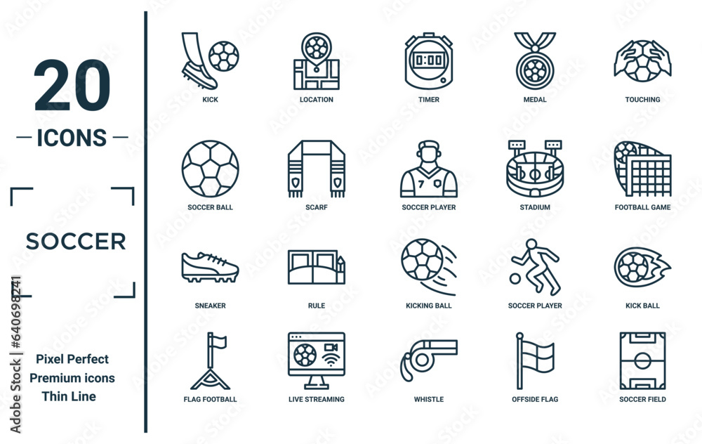 soccer linear icon set. includes thin line kick, soccer ball, sneaker ...
