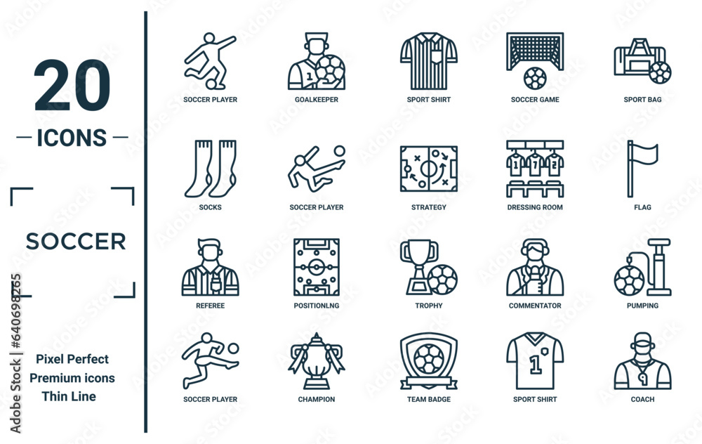 soccer linear icon set. includes thin line soccer player, socks ...