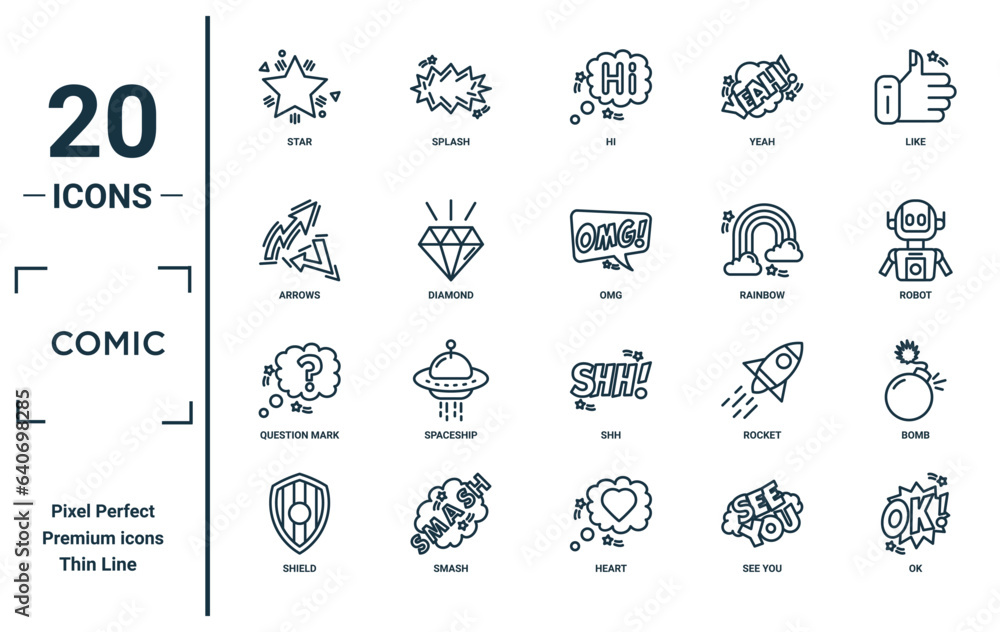 comic linear icon set. includes thin line star, arrows, question mark ...